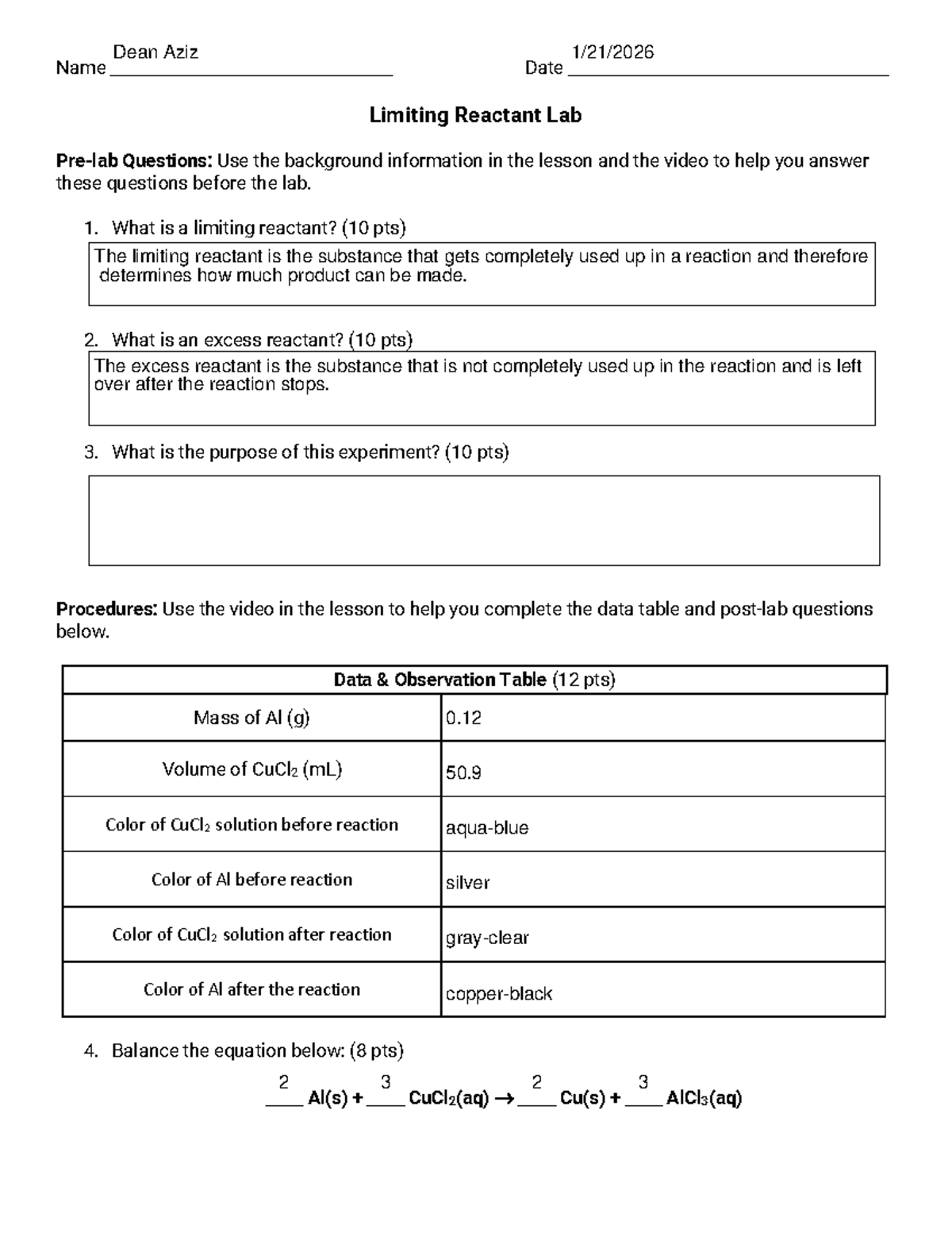 Limiting Reactant Lab Questions - Chem 101 - Studocu