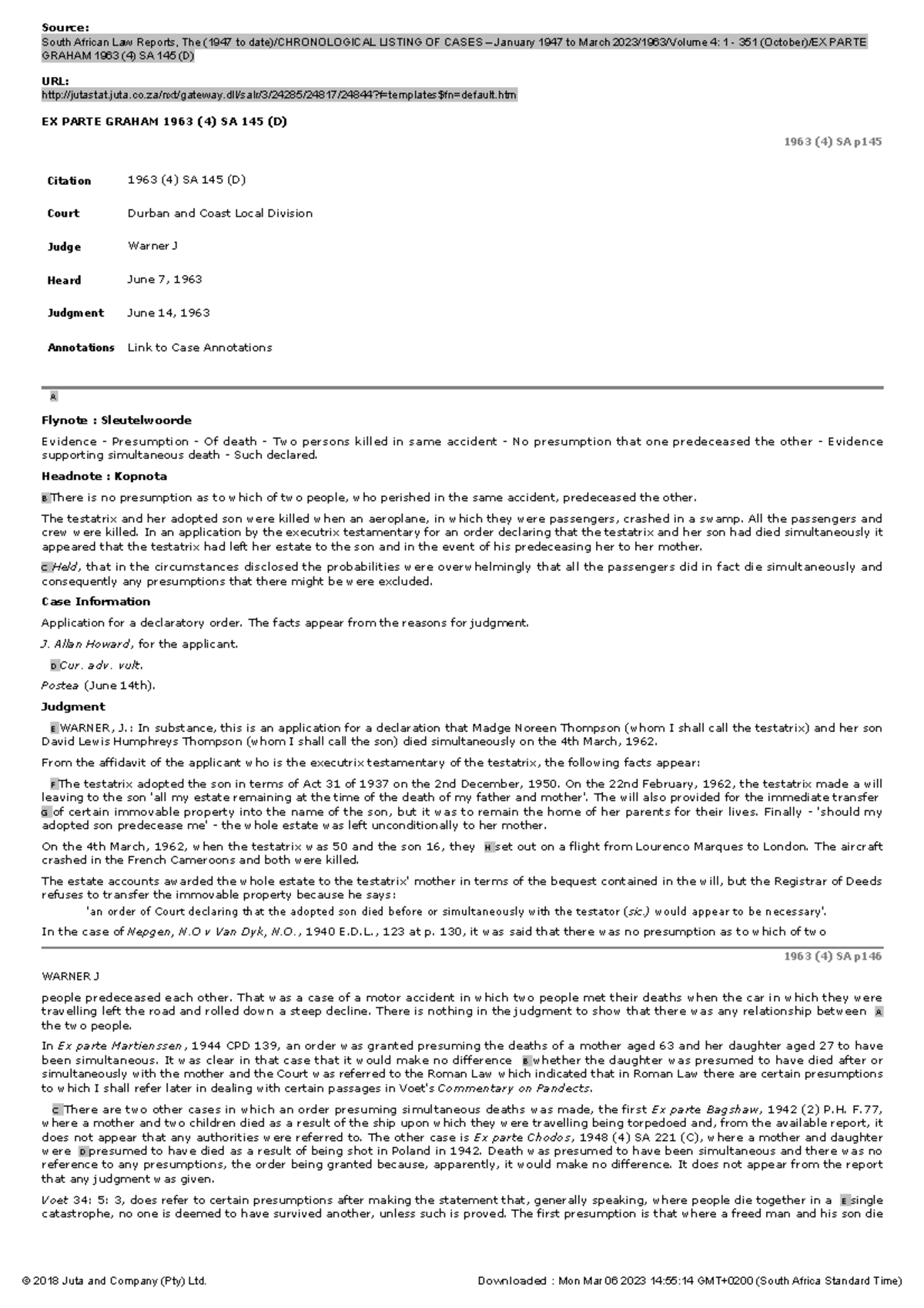 EX PARTE GRAHAM 1963 (4) SA 145 (D) - Simultaneous Death Ruling - Studocu