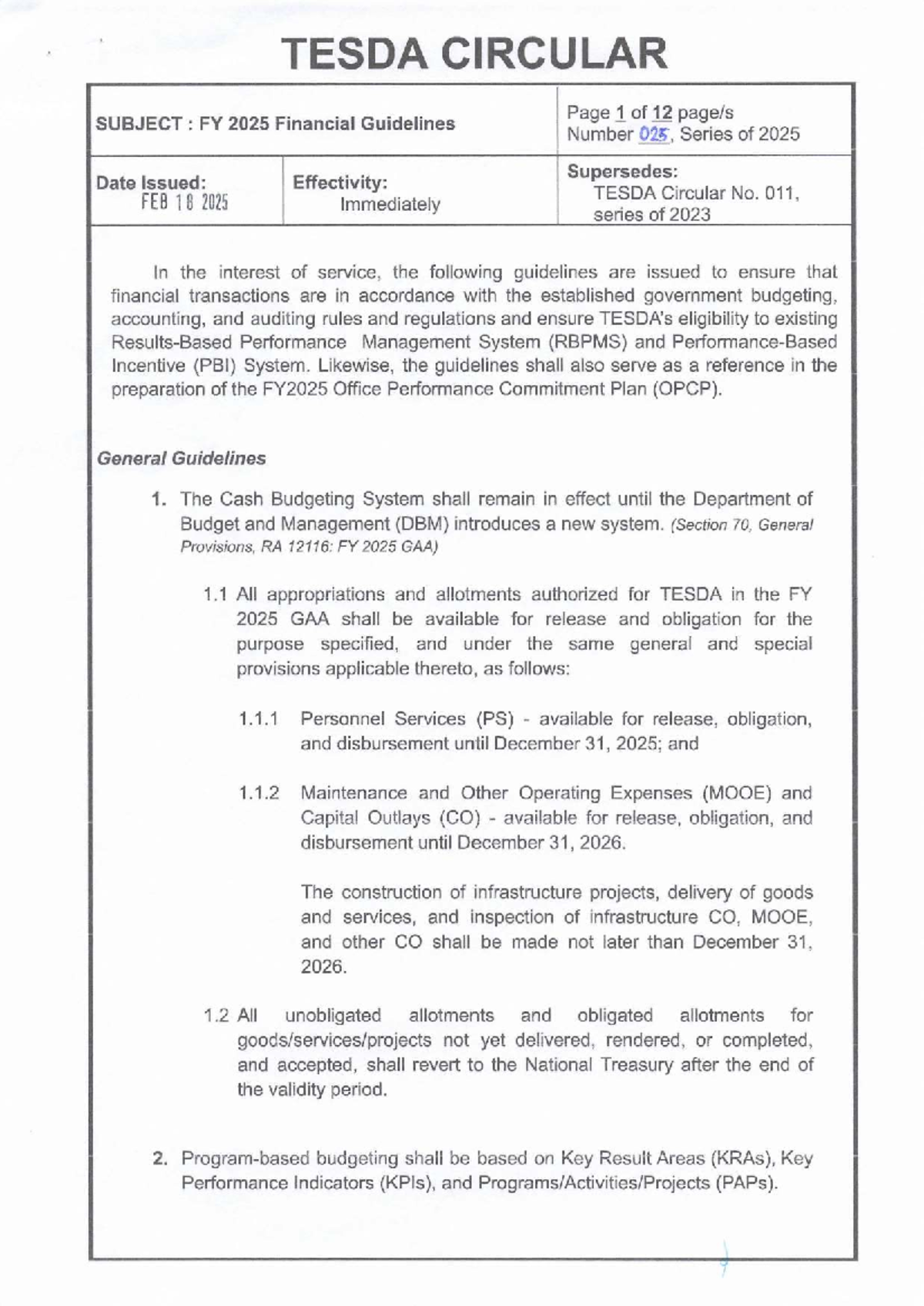 TESDA Circular No. 025-2025: FY 2025 Financial Guidelines and Policies ...
