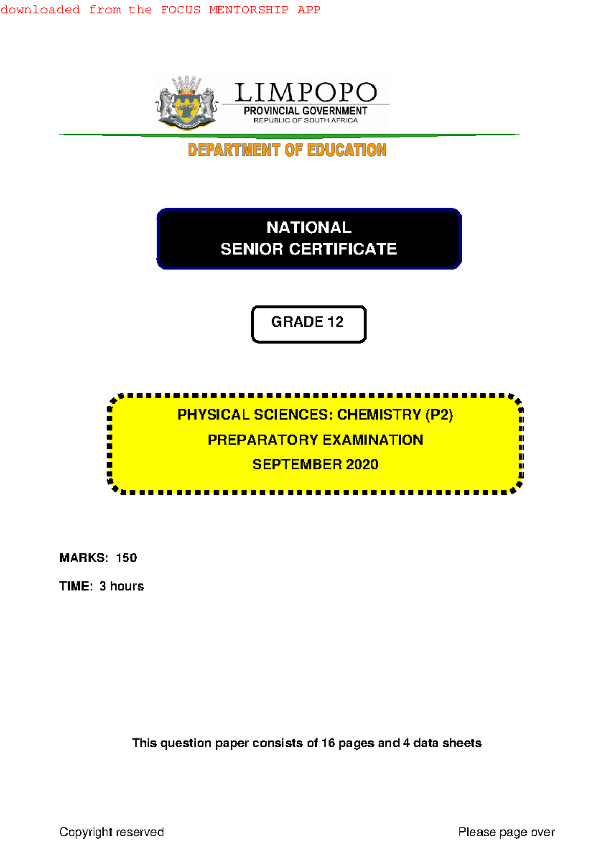 Physical Sciences P2 GR12 Limpopo 2020 September Practice Questions ...