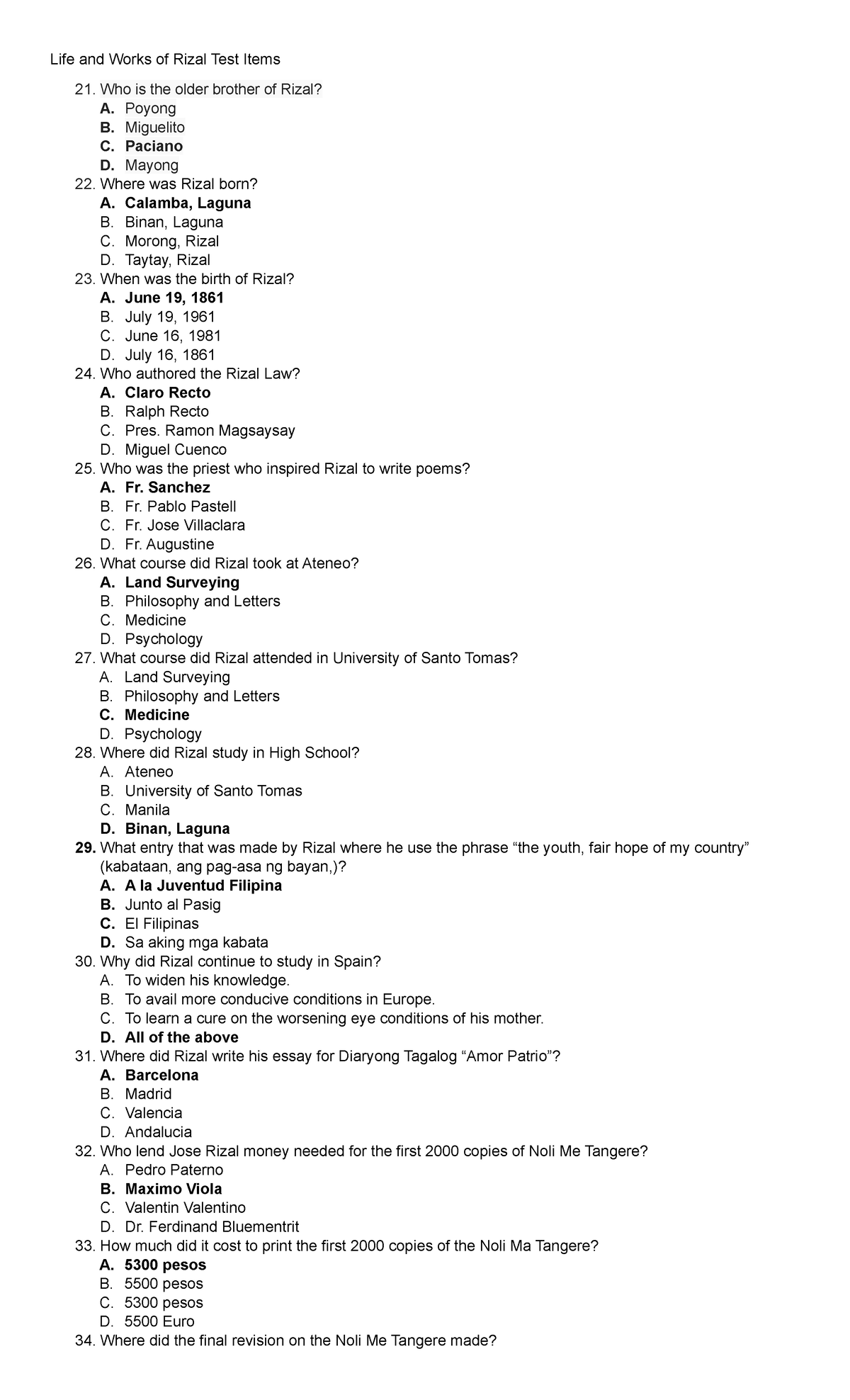 Life and Works of Rizal (Course Code: Rizal 101) - Quiz Questions - Studocu