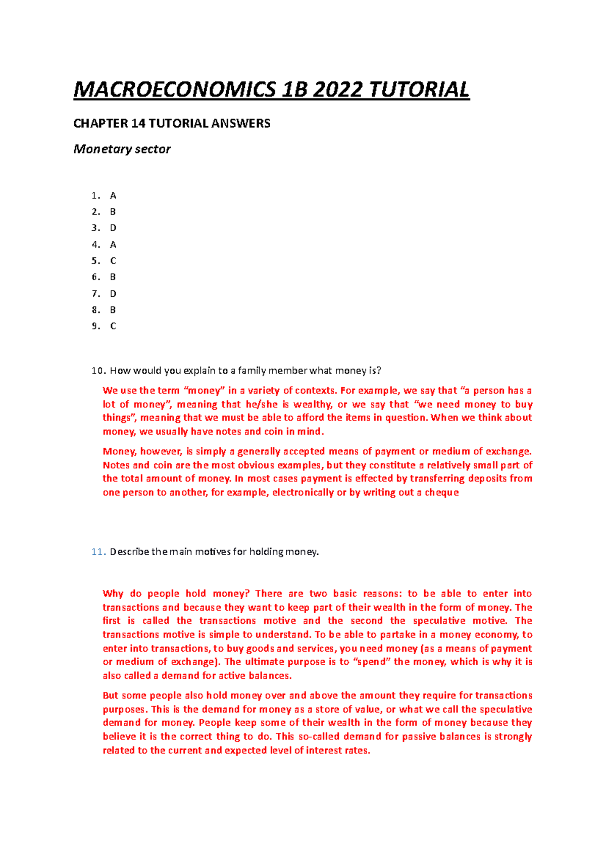 MACROECONOMICS 1B Chapter 14 Tutorial Answers & Explanations - Studocu