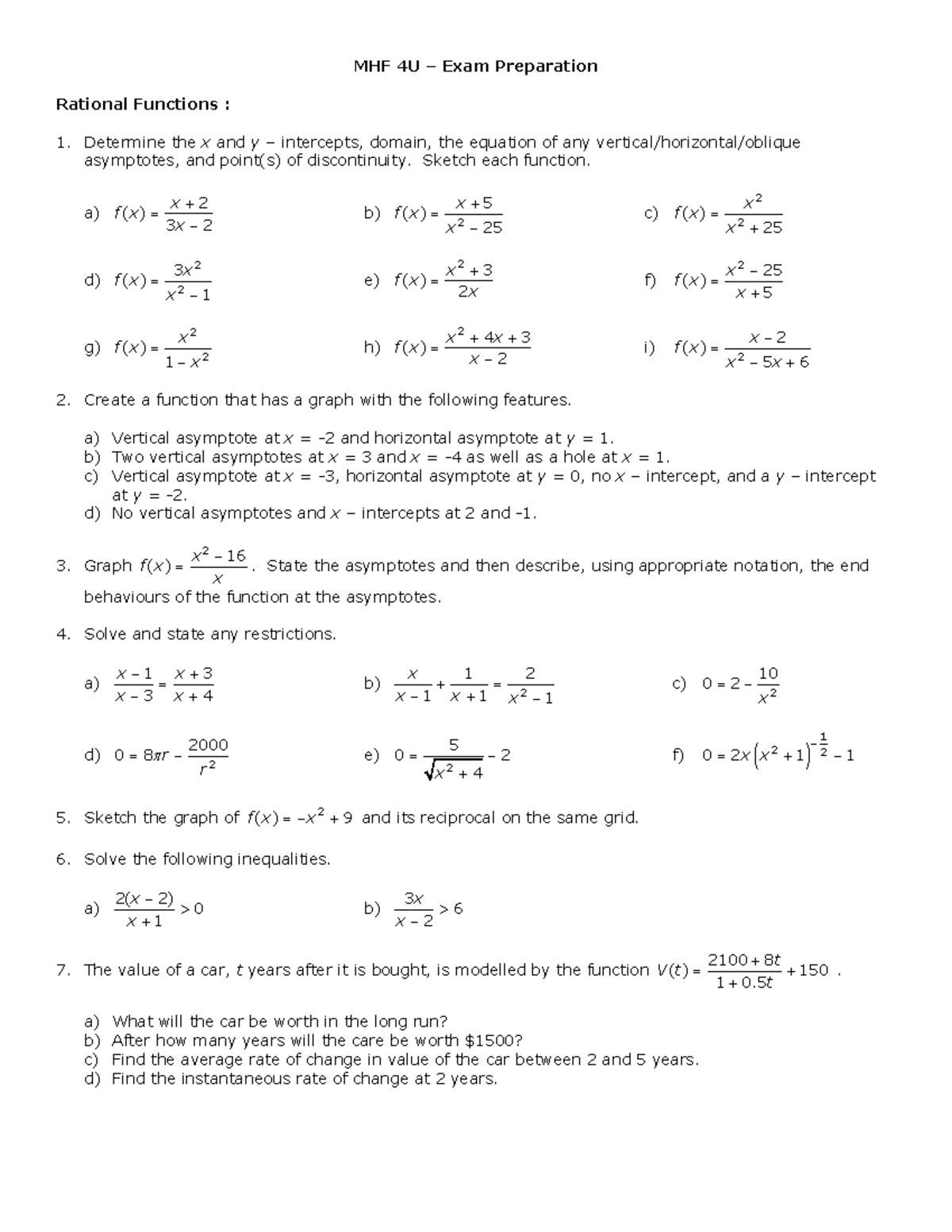 MHF 4U – Exam Prep on Rational Functions and Graphing Techniques - Studocu