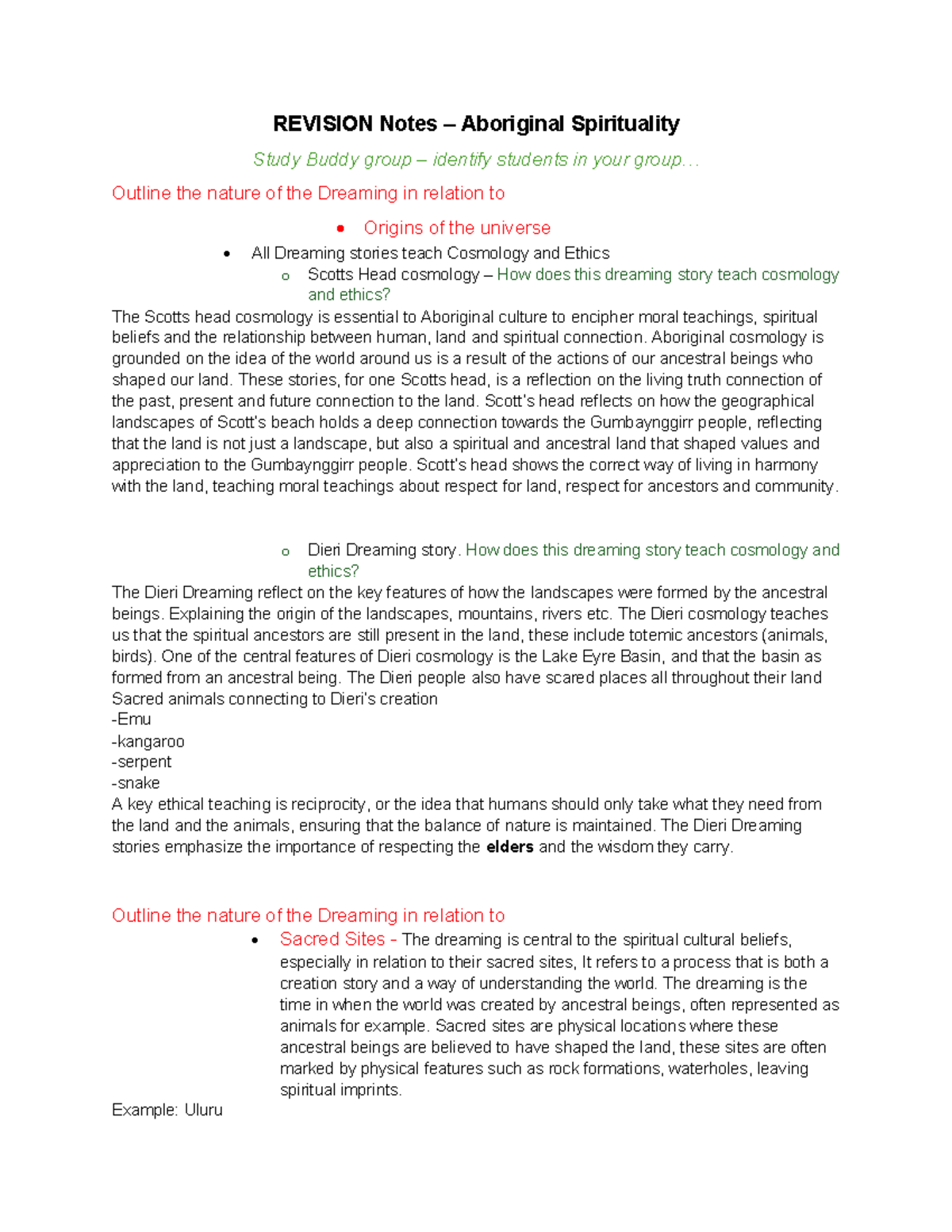 REVISION Notes: Aboriginal Spirituality & Nature of Religion (REL101 ...