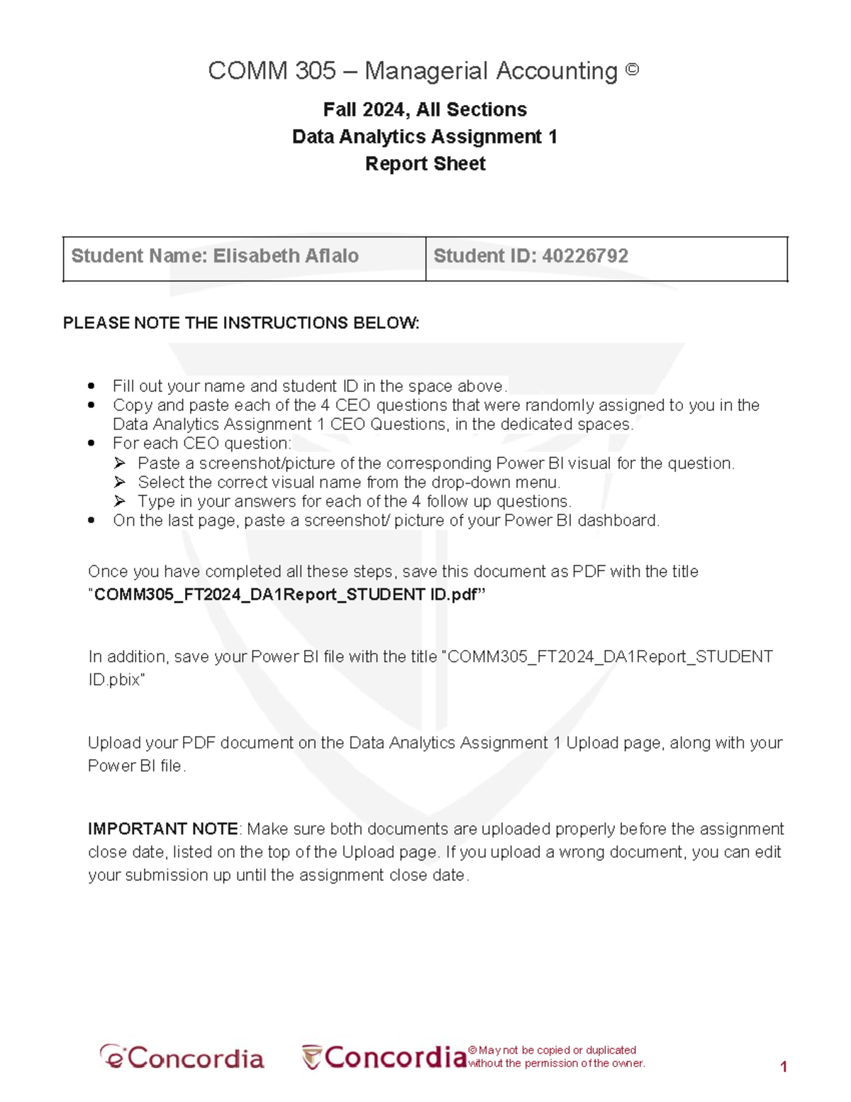 COMM 305 DA Assignment 1 Report Sheet Fall 2024 - © May not be copied ...