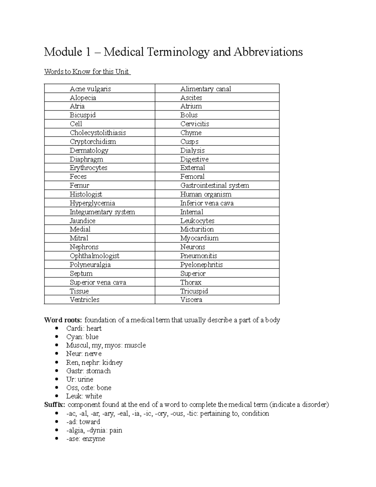 Module 1 - Medical Terminology and Abbreviations - Module 1 – Medical ...