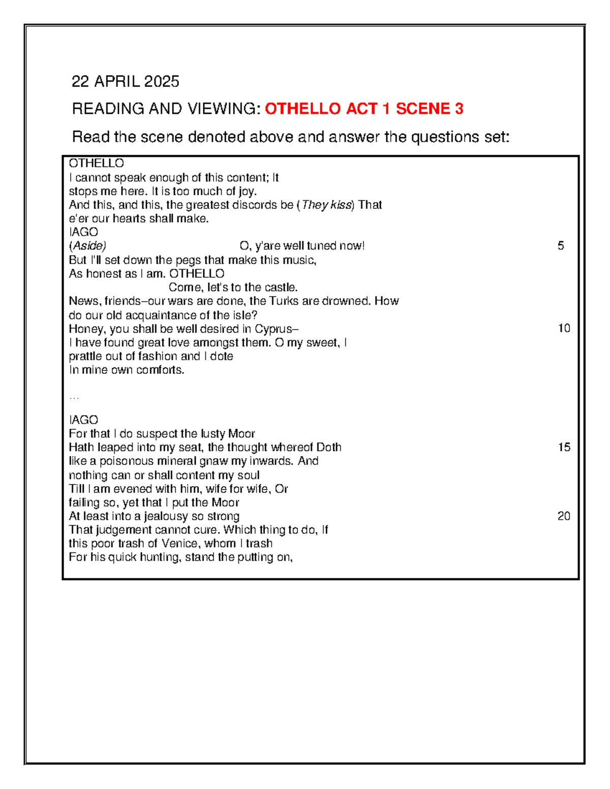 22 APRIL 2025 READING & VIEWING: OTHELLO ACT 1 SCENE 3 ANALYSIS - Studocu