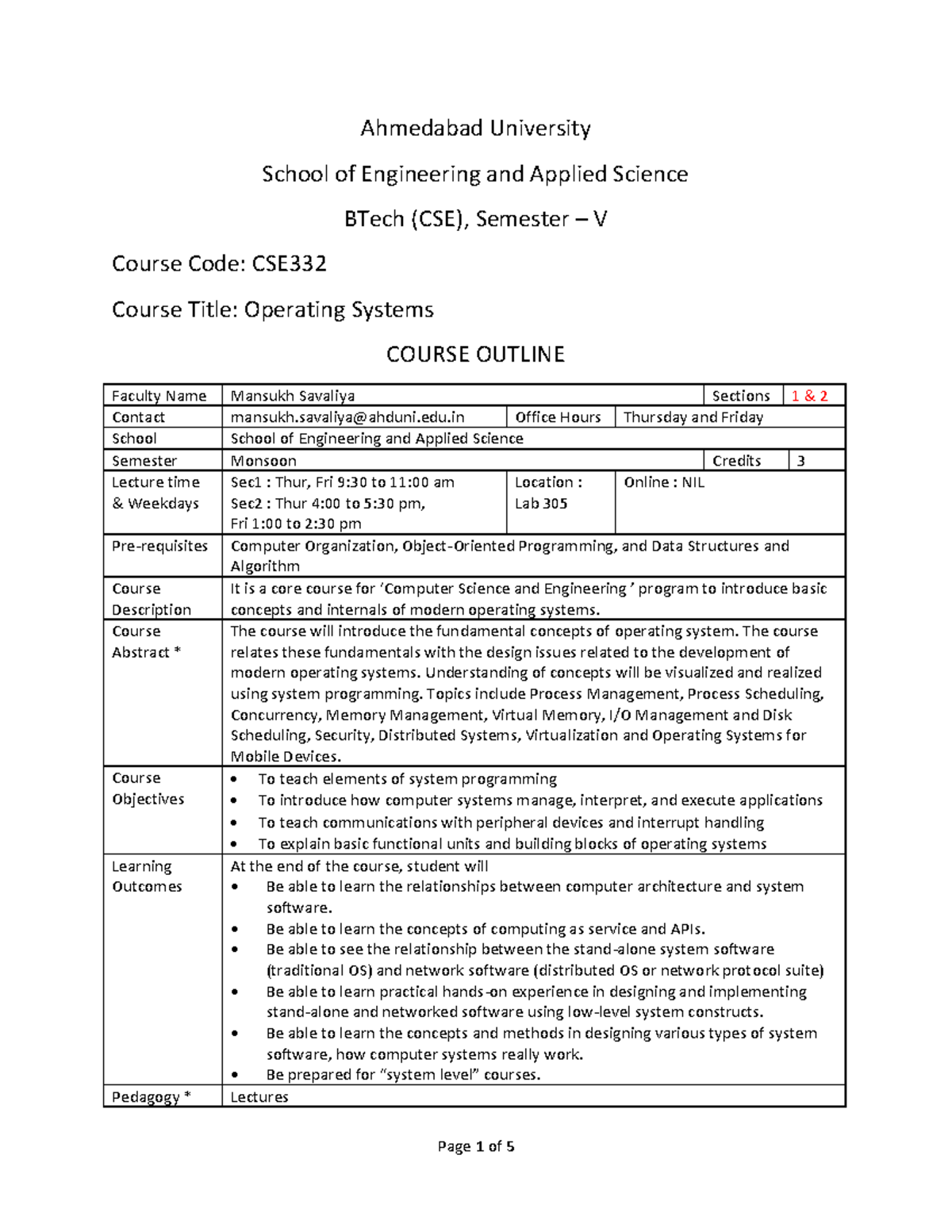 CSE 332: Operating Systems Course Outline - Monsoon 2024 - Studocu