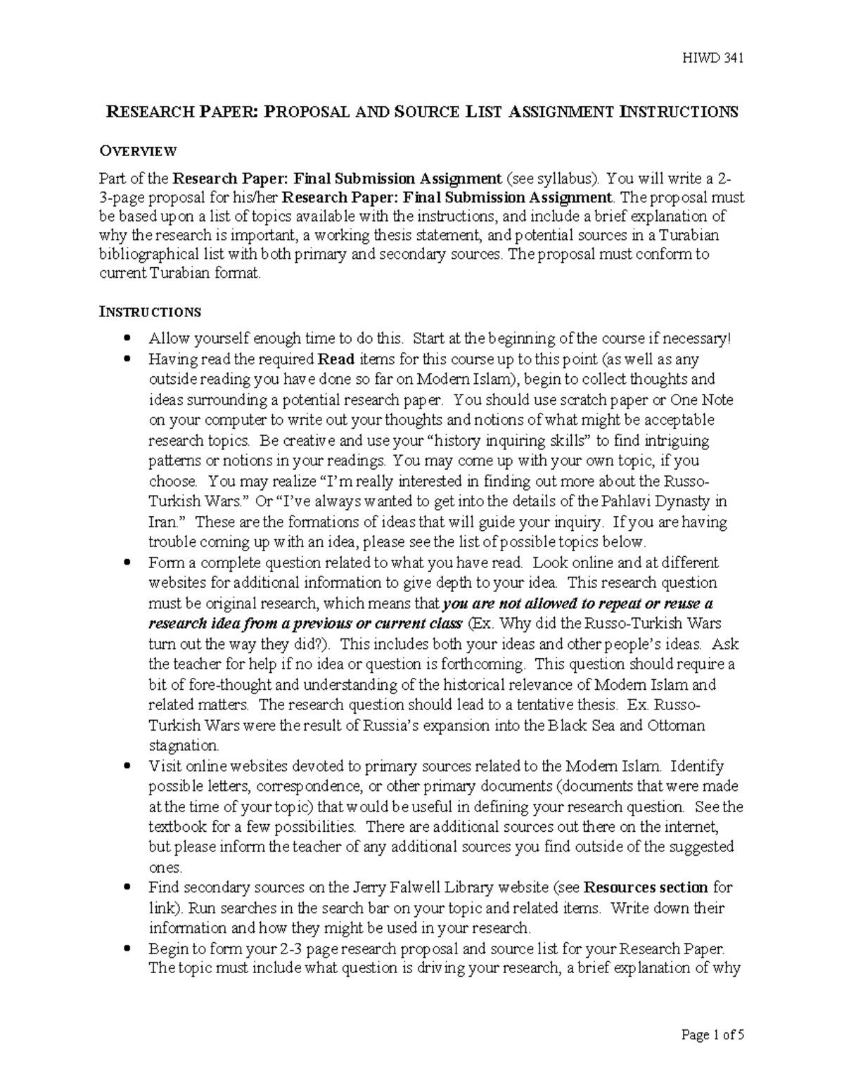 Research Paper Proposal and Source List Assignment Instructions ...