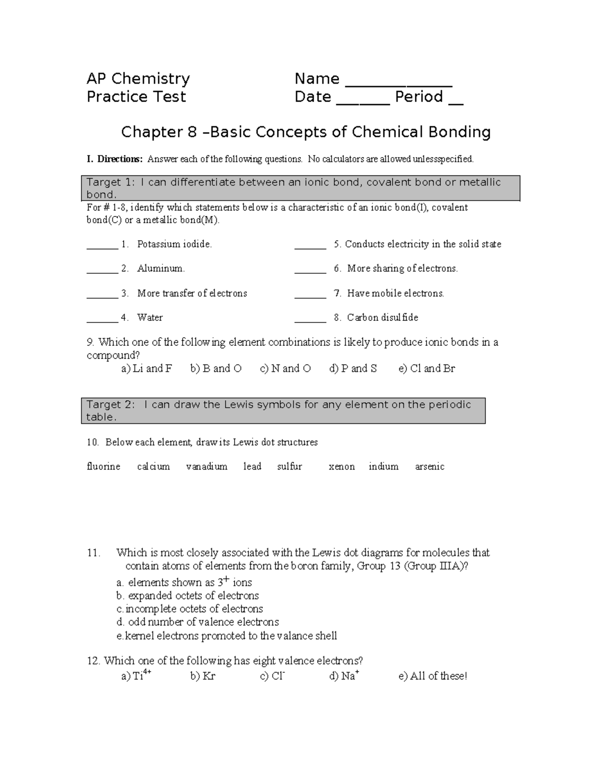 AP Chemistry Practice Test: Chapter 8 - Chemical Bonding Concepts - Studocu