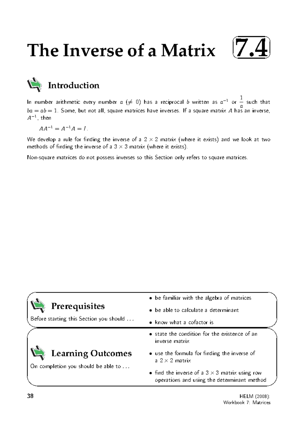 Matrices Worksheet: Inverse of a Matrix (HELM 7.4) - Questions ...