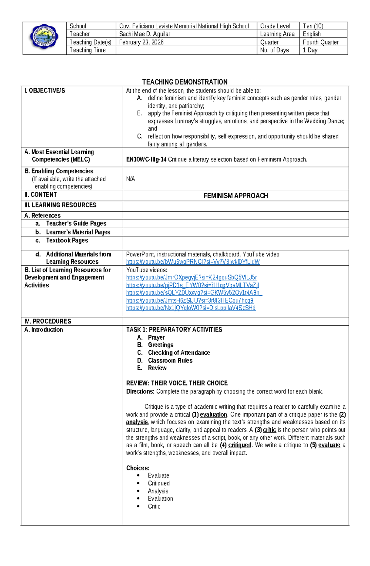 Final Demo Lesson Plan: Feminism Approach in English 4 - Studocu