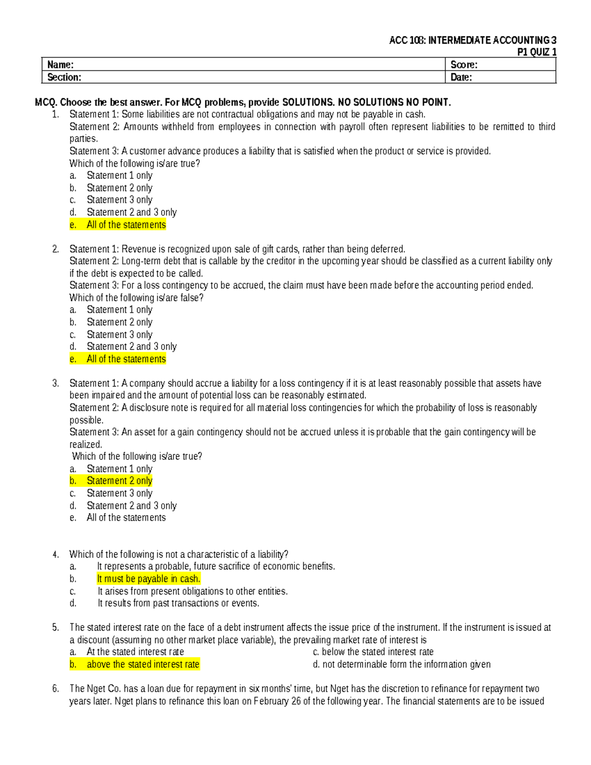 ACC-108-P2 QUIZ-1: Key MCQs and Solutions on Liabilities and Provisions ...