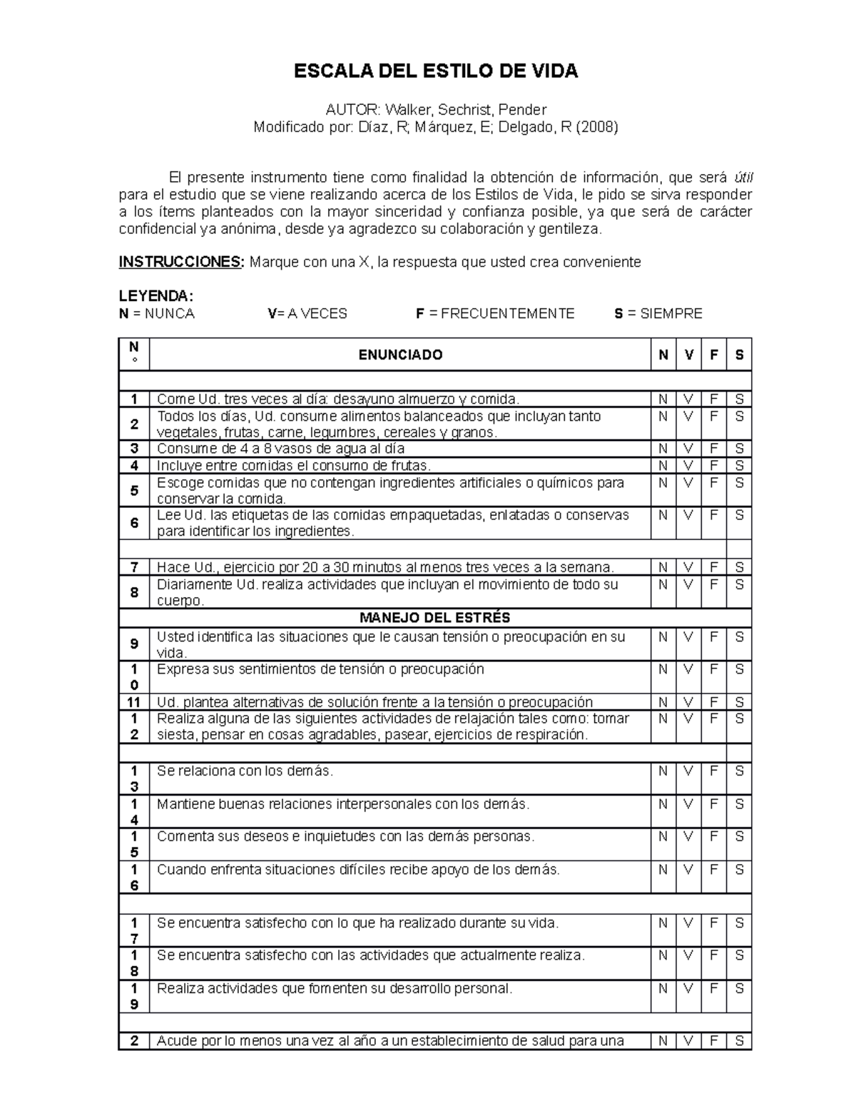 Escala de Estilo de Vida Saludable - Instrumento de Evaluación - Studocu