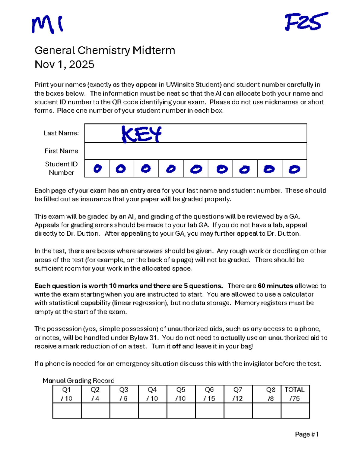 Midterm Exam Key for F25 General Chemistry - Nov 1, 2025 - Studocu