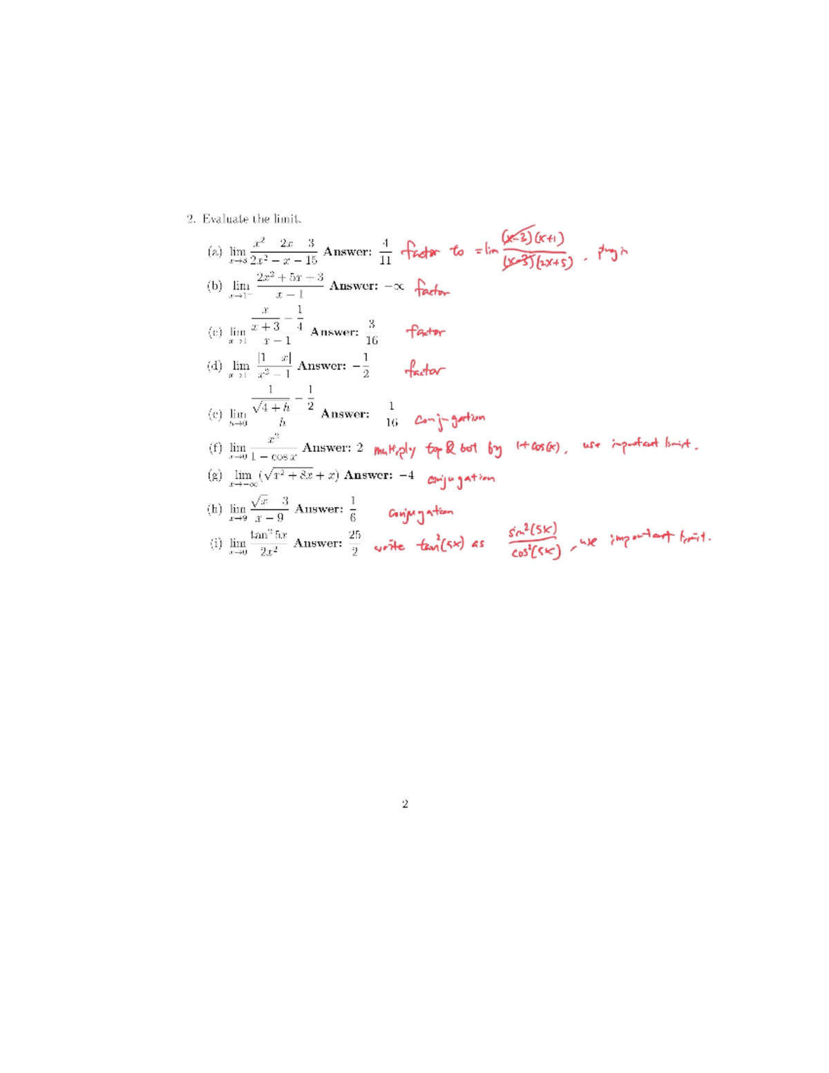 MTH 121 - Study guide for final - 2. Evaluate the limit. (a) lim 2x2 x ...