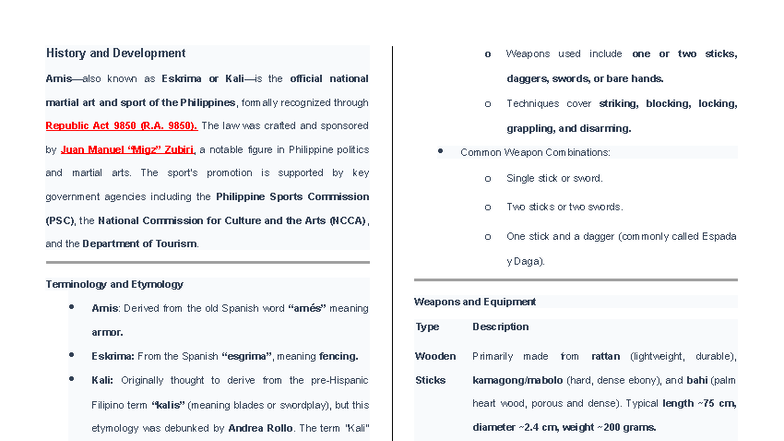 PE - ARNIS: History, Techniques, and Development of Filipino Martial ...