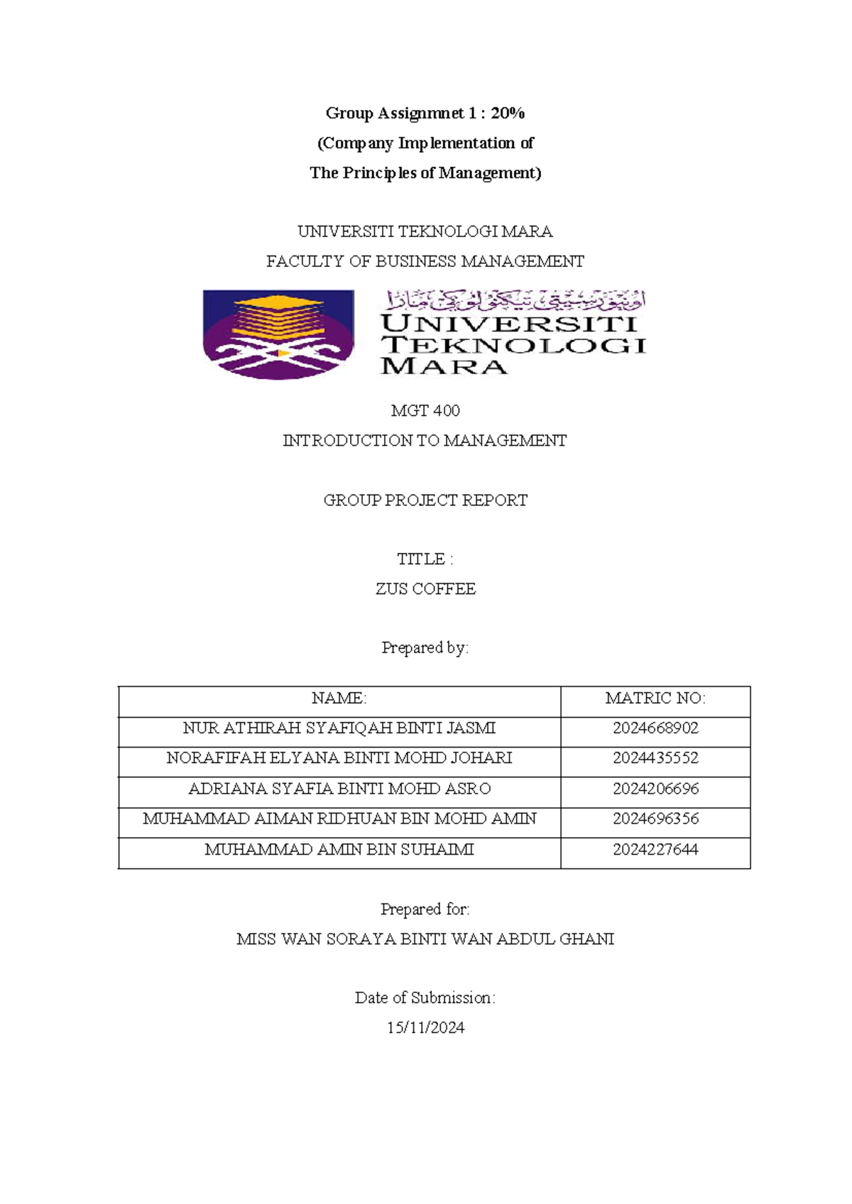 Group Assignment 1: Company Implementation of Management Principles - MGT 400 - Studocu