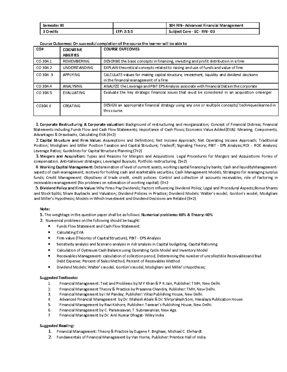 304 FIN - Advanced Financial Management Syllabus Overview & Outcomes ...