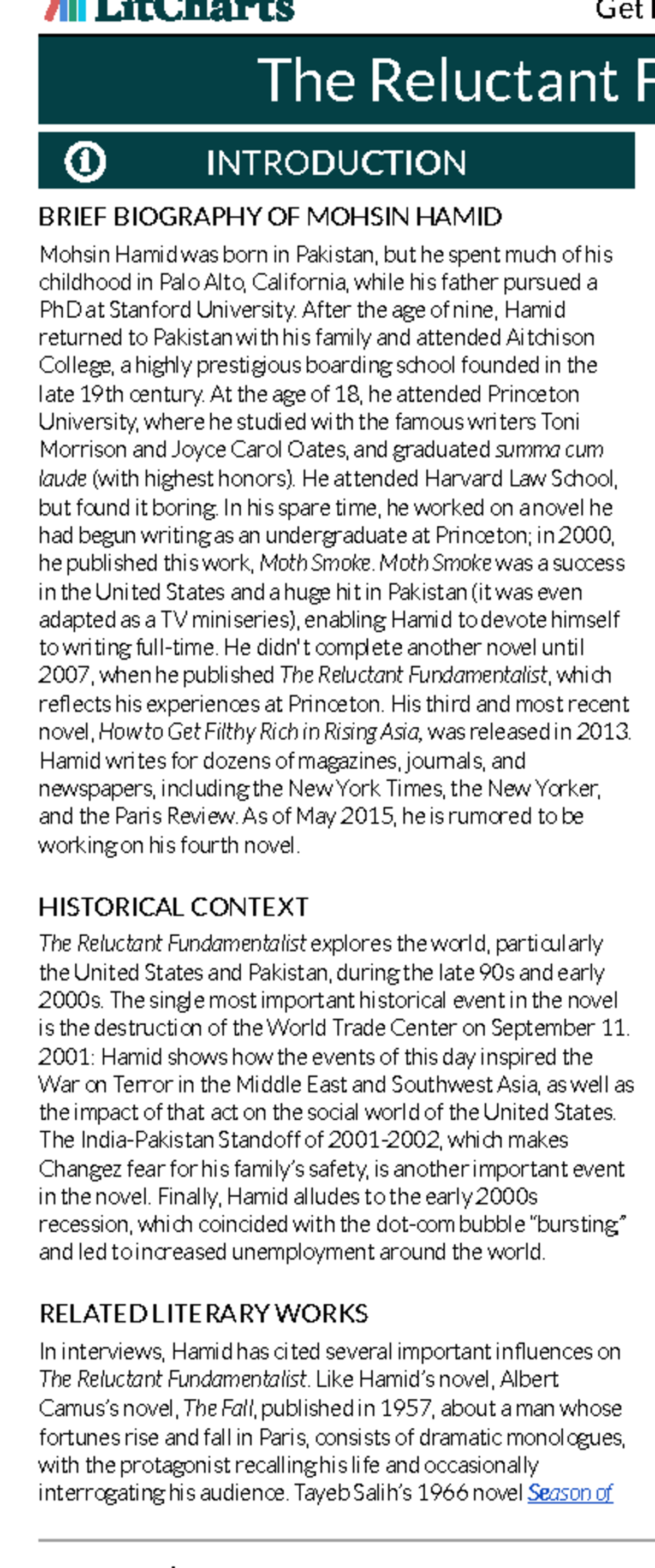 The Reluctant Fundamentalist: Comprehensive Lit Chart & Analysis - Studocu