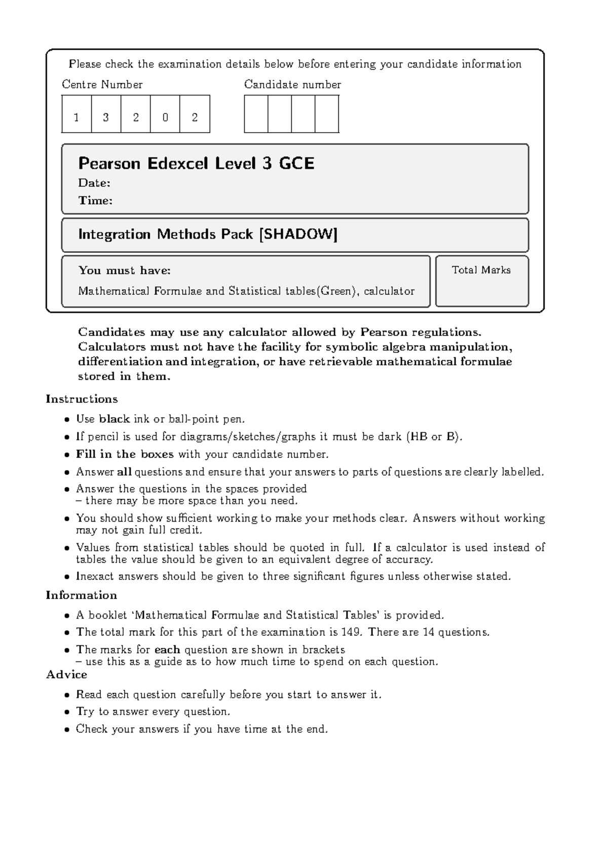 Integral Methods Pack (Shadow) Answers - Pearson Edexcel GCE - Studocu