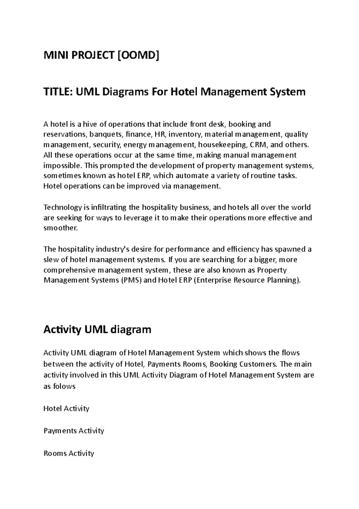OOMD Mini Project: UML Diagrams for Hotel Management System - Studocu