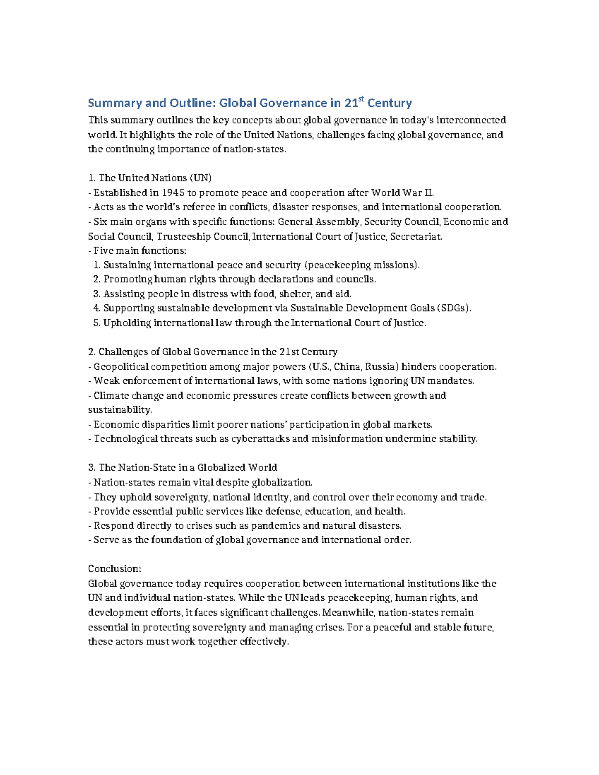 Global Governance in the 21st Century: Summary & Key Concepts - Studocu