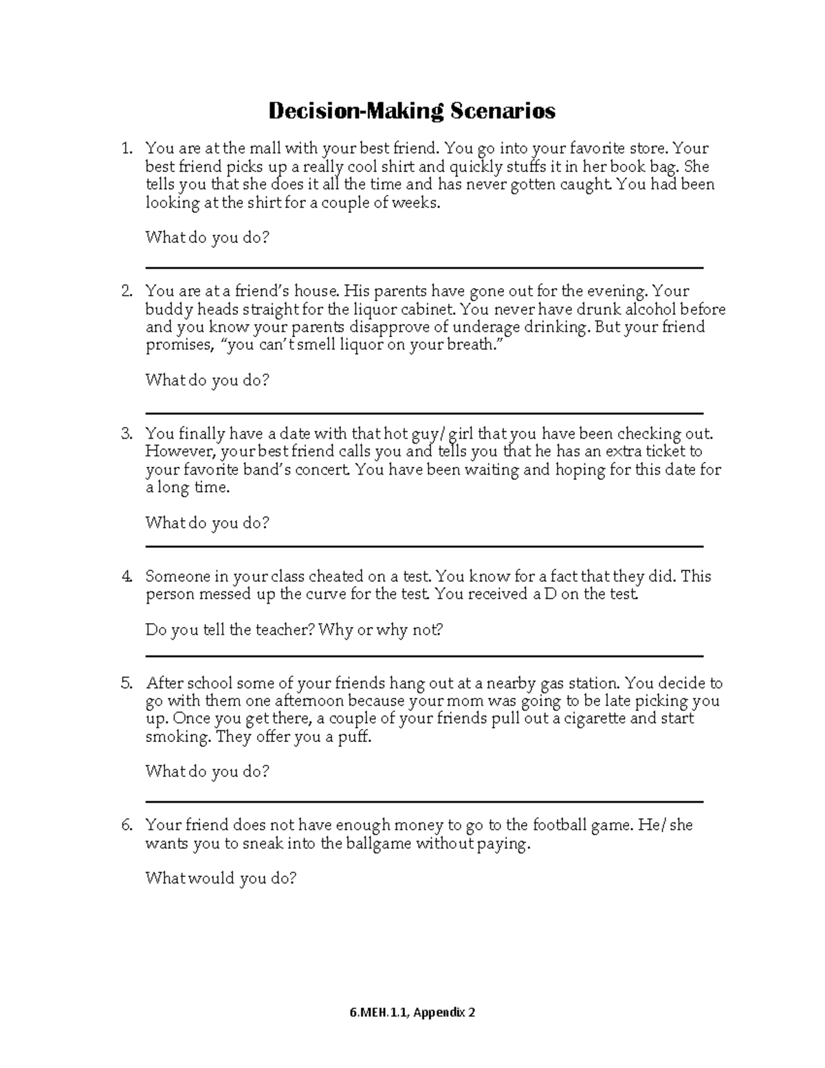 Decision-Making Scenarios for 6.MEH.1.1: Choices and Outcomes - Studocu