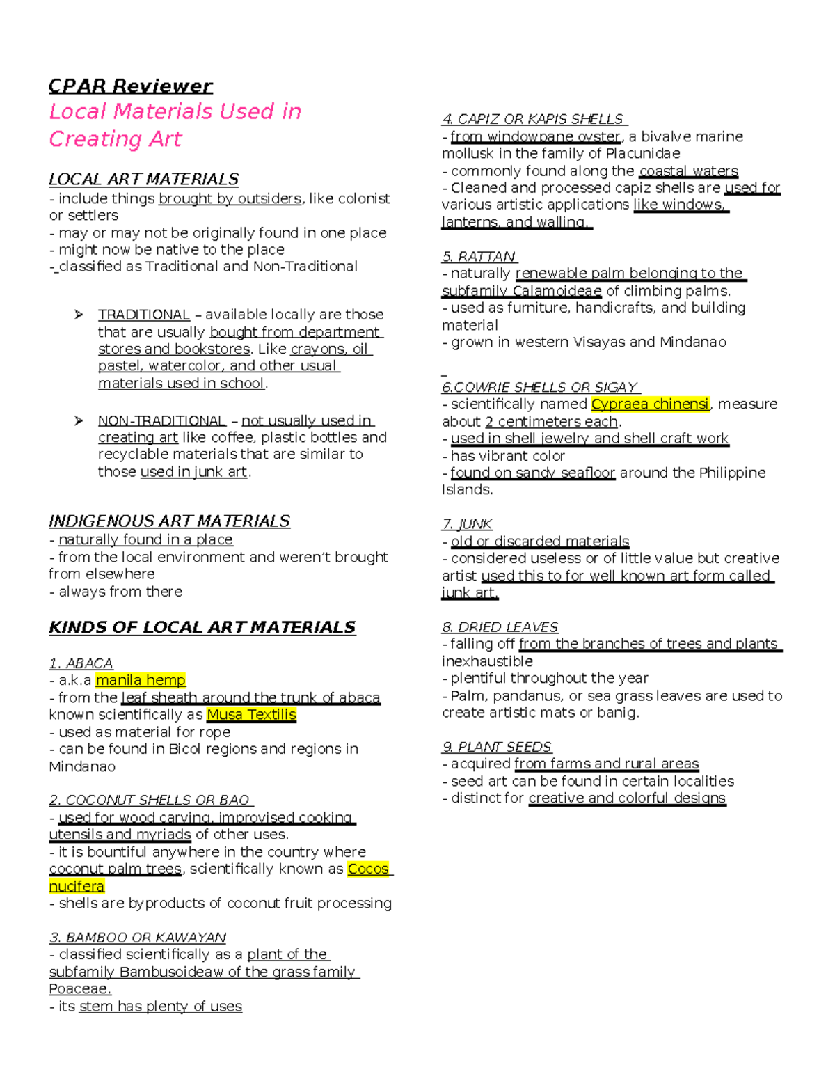 CPAR Reviewer for Final Exam: Local Art Materials and Techniques - Studocu
