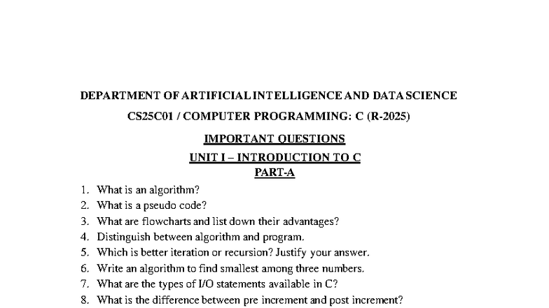 CS25C01 Computer Programming: Important Questions for Unit I to VII - Studocu