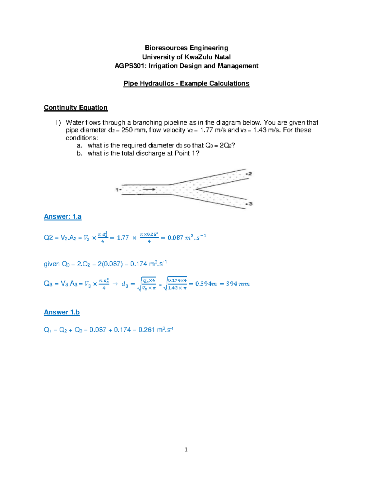 L6 AGPS301: Pipe Hydraulics Example Calculations and Solutions - Studocu