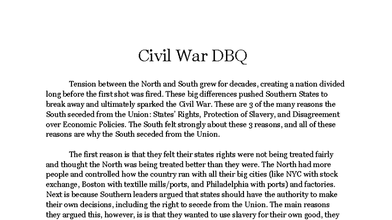 Civil War DBQ: Reasons for Southern Secession from the Union - Studocu