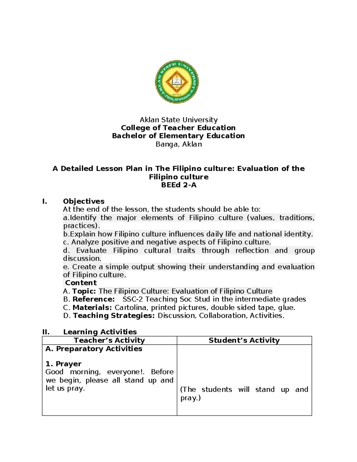 DLP: Evaluation of Filipino Culture - BEEd I - Studocu