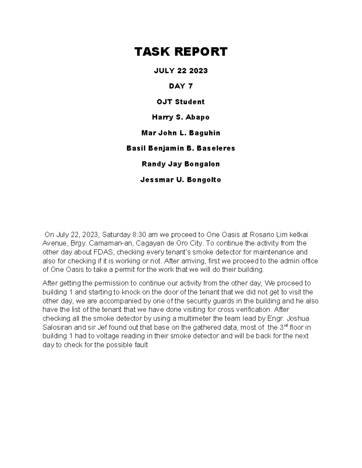 TASK- Report-OJT DAY7 - cvf - TASK REPORT JULY 22 2023 DAY 7 OJT ...