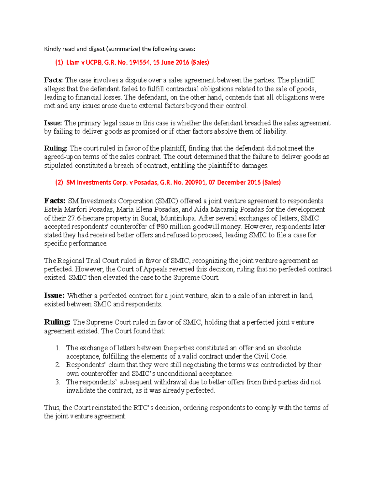 CASE Digest: Sales Law Notes and Summaries (G. No. 194554, 200901 ...