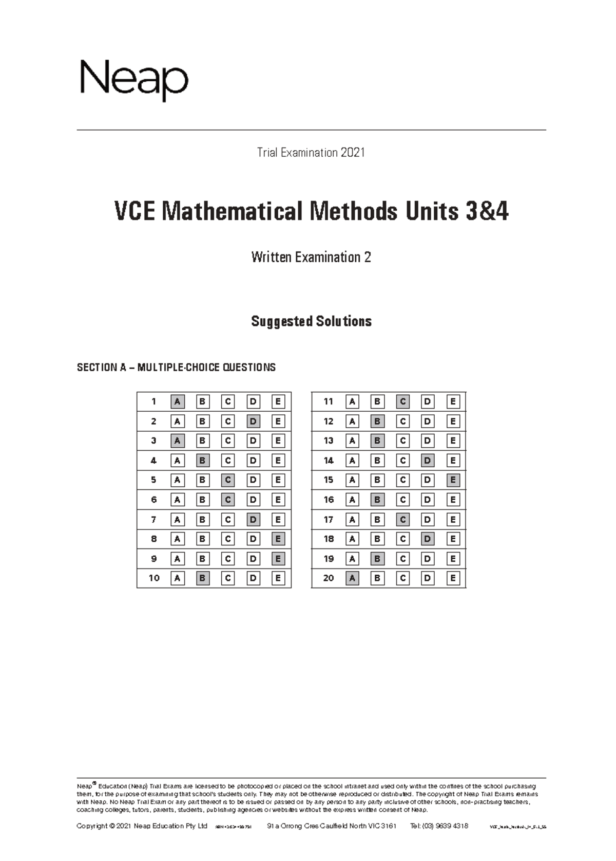 VCE Mathematical Methods Units 3 & 4 Trial Exam 2 Solutions 2021 - Studocu