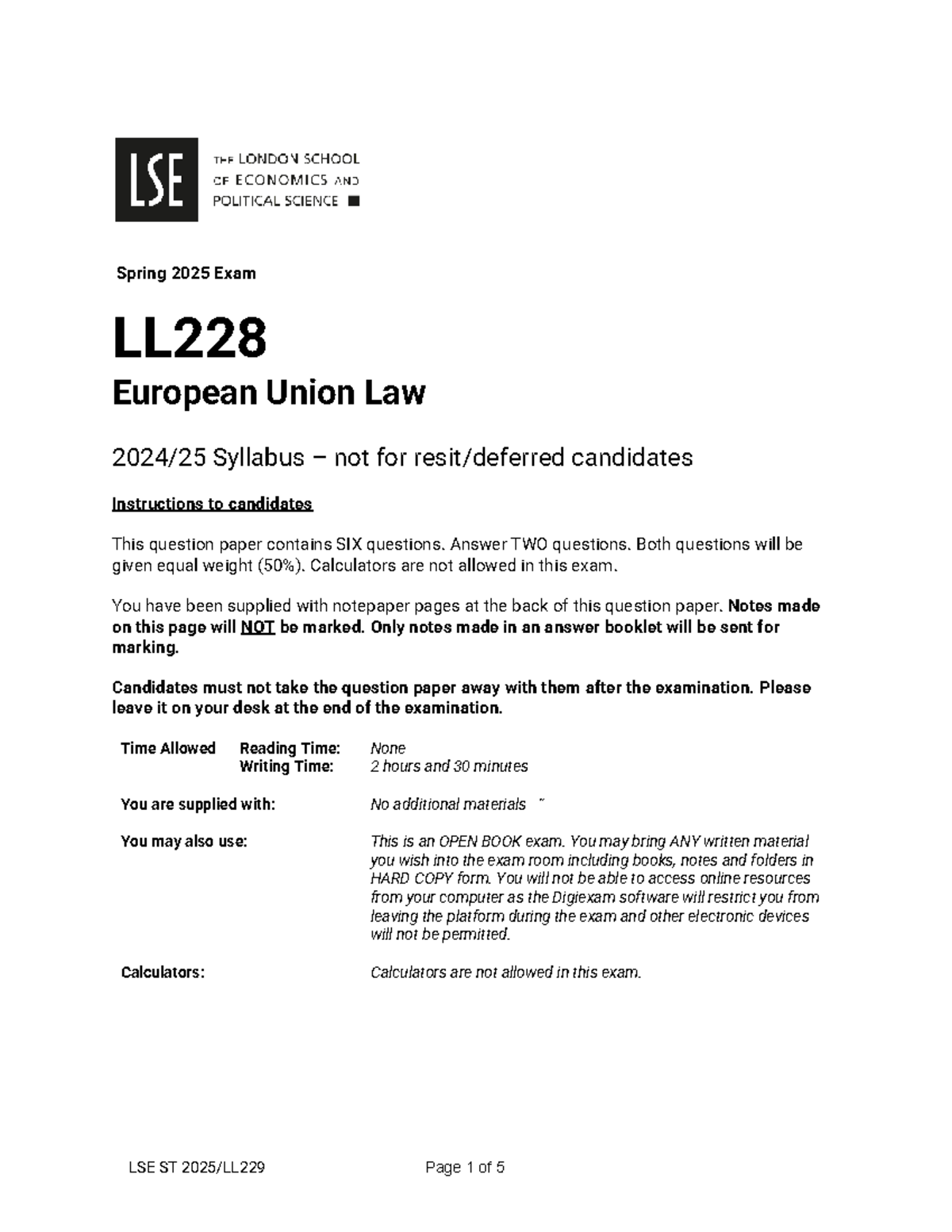 Spring 2025 LL228 EU Law Exam Instructions and Questions - Studocu