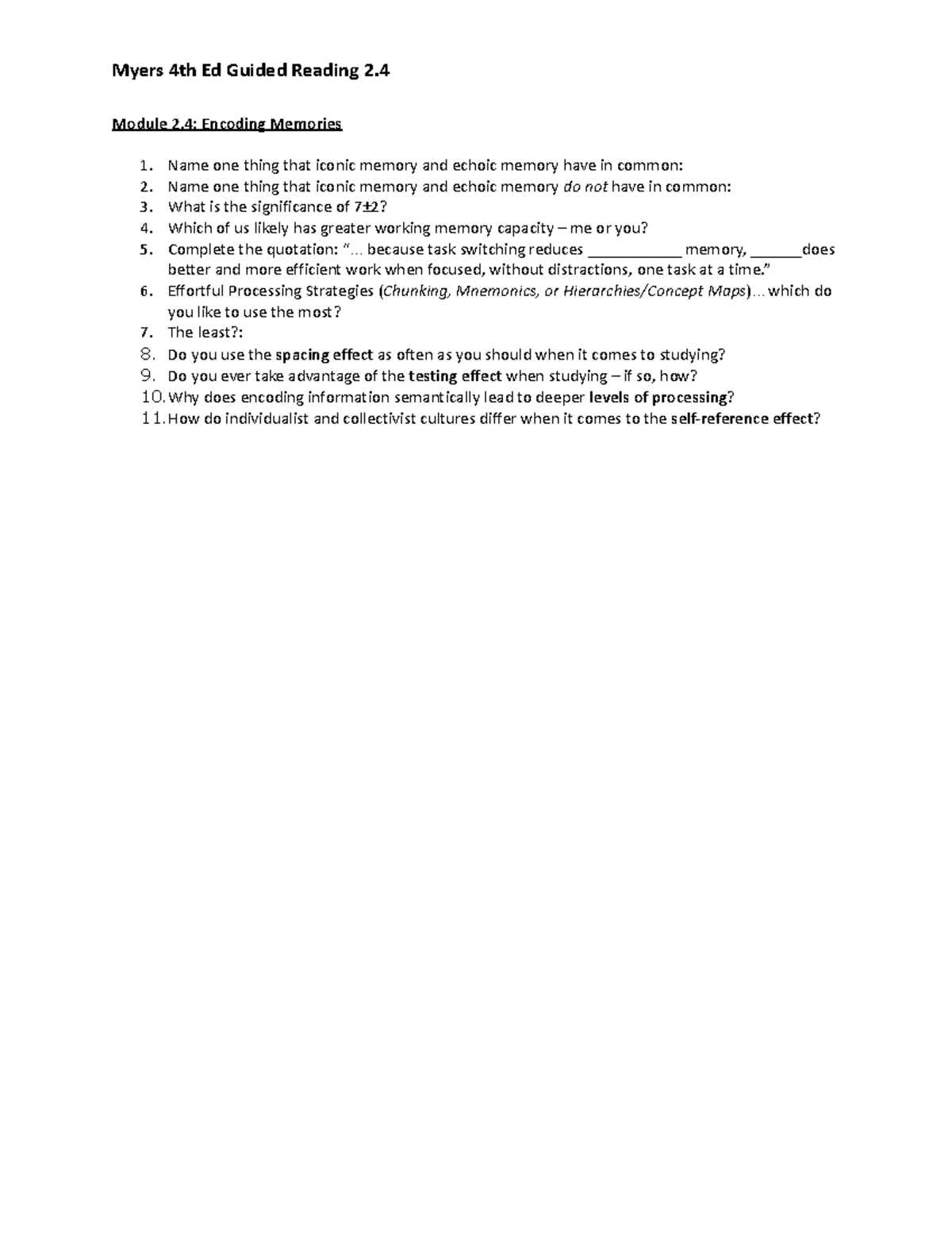 Myers 4th Ed Guided Reading 2.4: Encoding & Memory Insights - Studocu