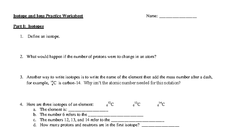 Isotope and Ion Practice Worksheet: Definitions and Examples - Studocu