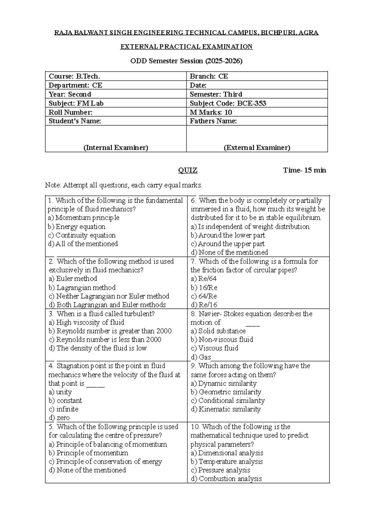 FM QUIZ CE 3rd Sem - Important Notes and Questions - Studocu