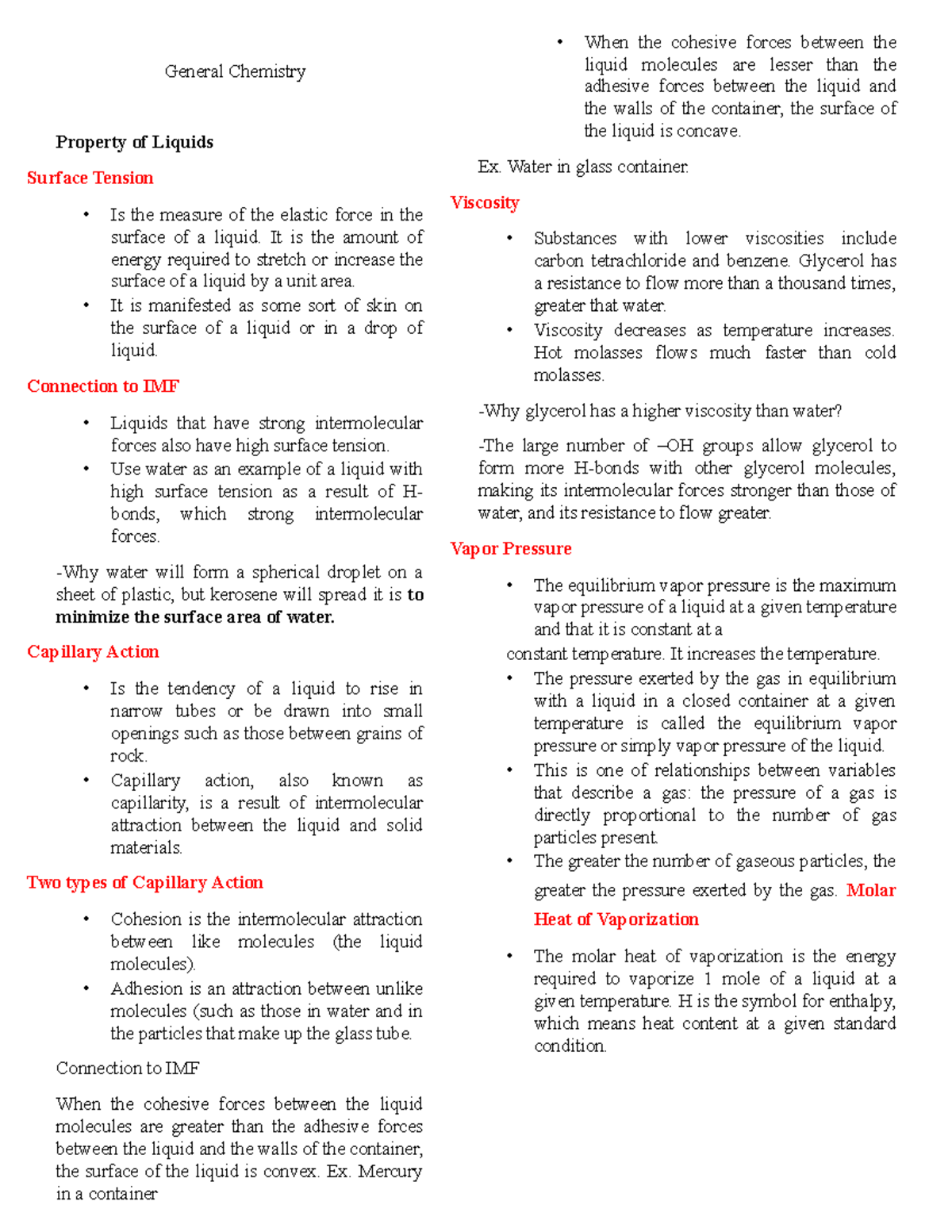 General Chemistry Lecture Notes - General Chemistry Property of Liquids ...