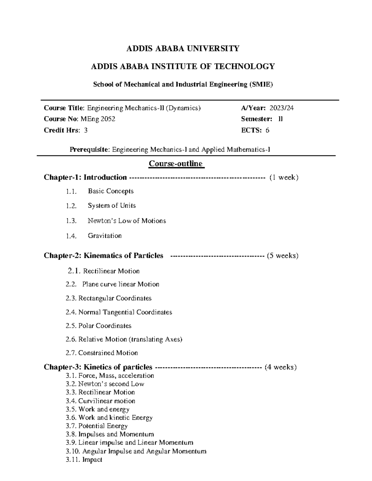 Engineering Mechanics II (Dynamics) Course Outline - MEng 2052 - Studocu