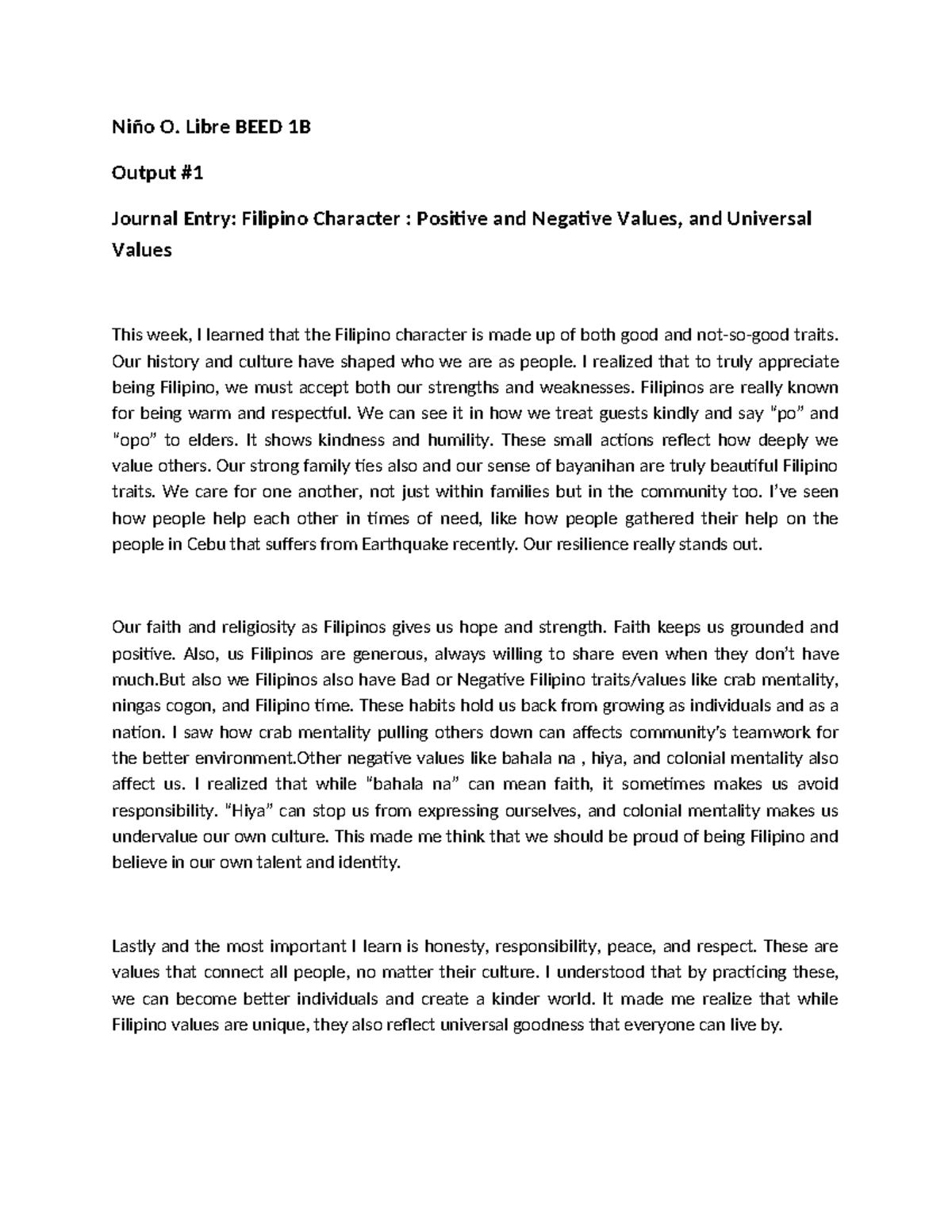 Niño O. Libre BEED 1B Journal Entry: Filipino Values & Ethics - Studocu