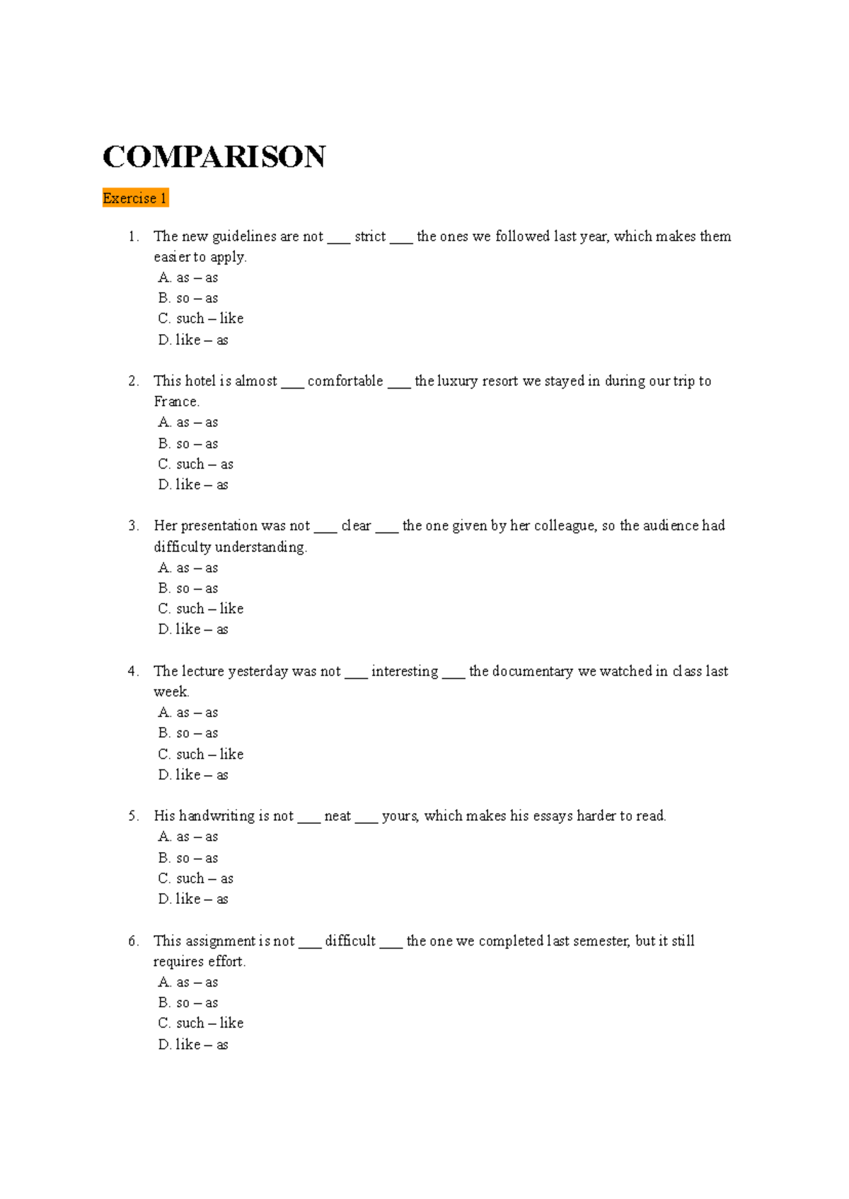 Comparison Grammar Exercises (ENG 101) - Studocu