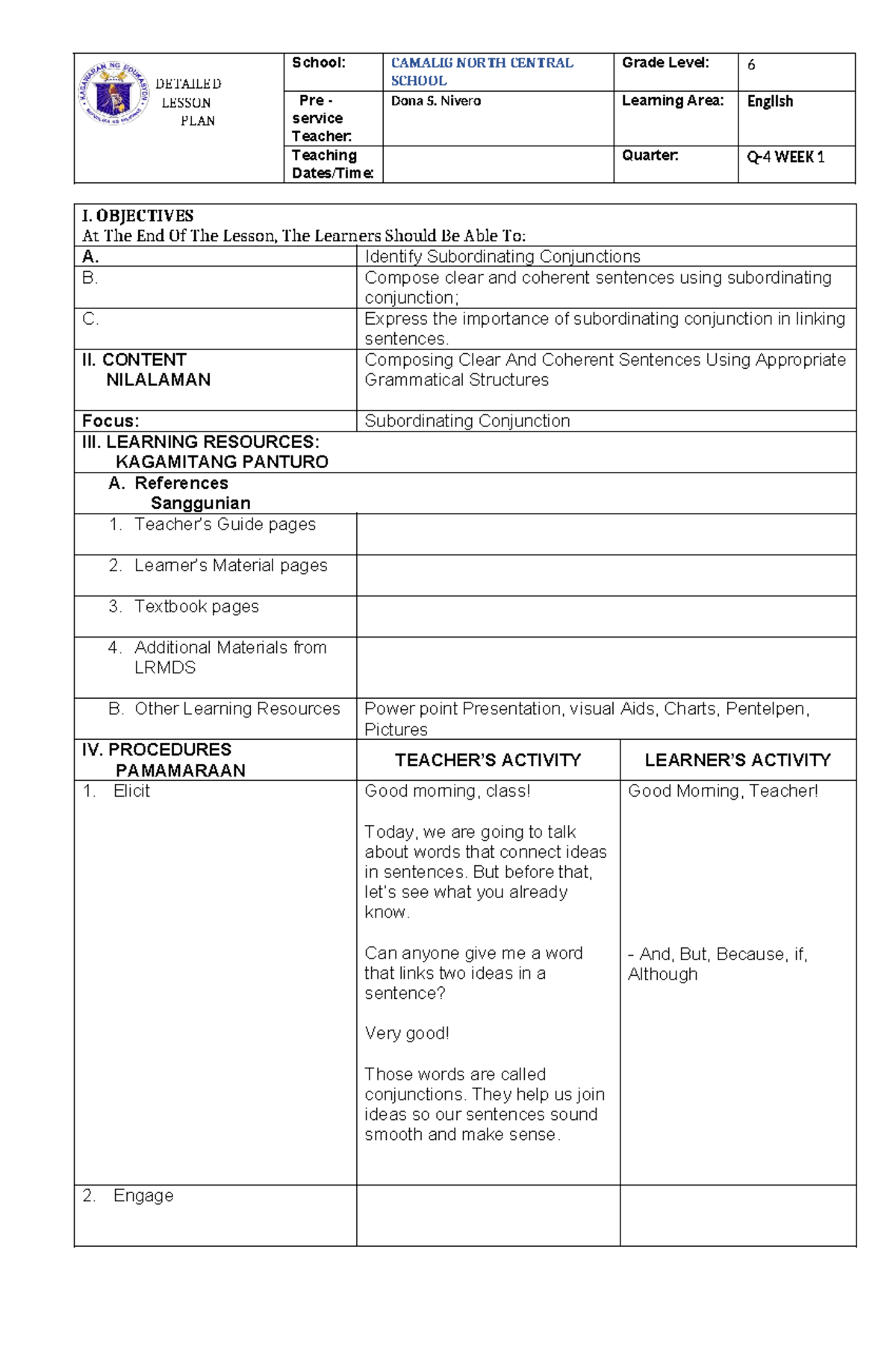 English 6 DLP: Subordinating Conjunctions Lesson Plan - Studocu