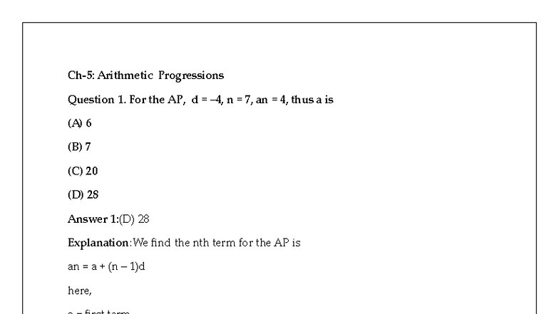 Ch-5 Arithmetic Progressions: Questions and Solutions - Studocu