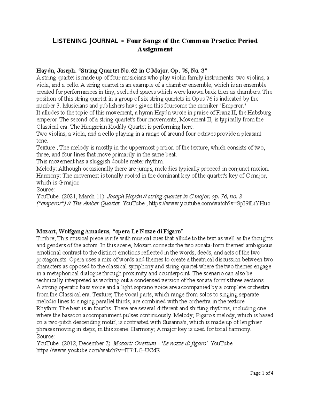 Listening Journal: 4 Songs from the Common Practice Period Assignment - Studocu