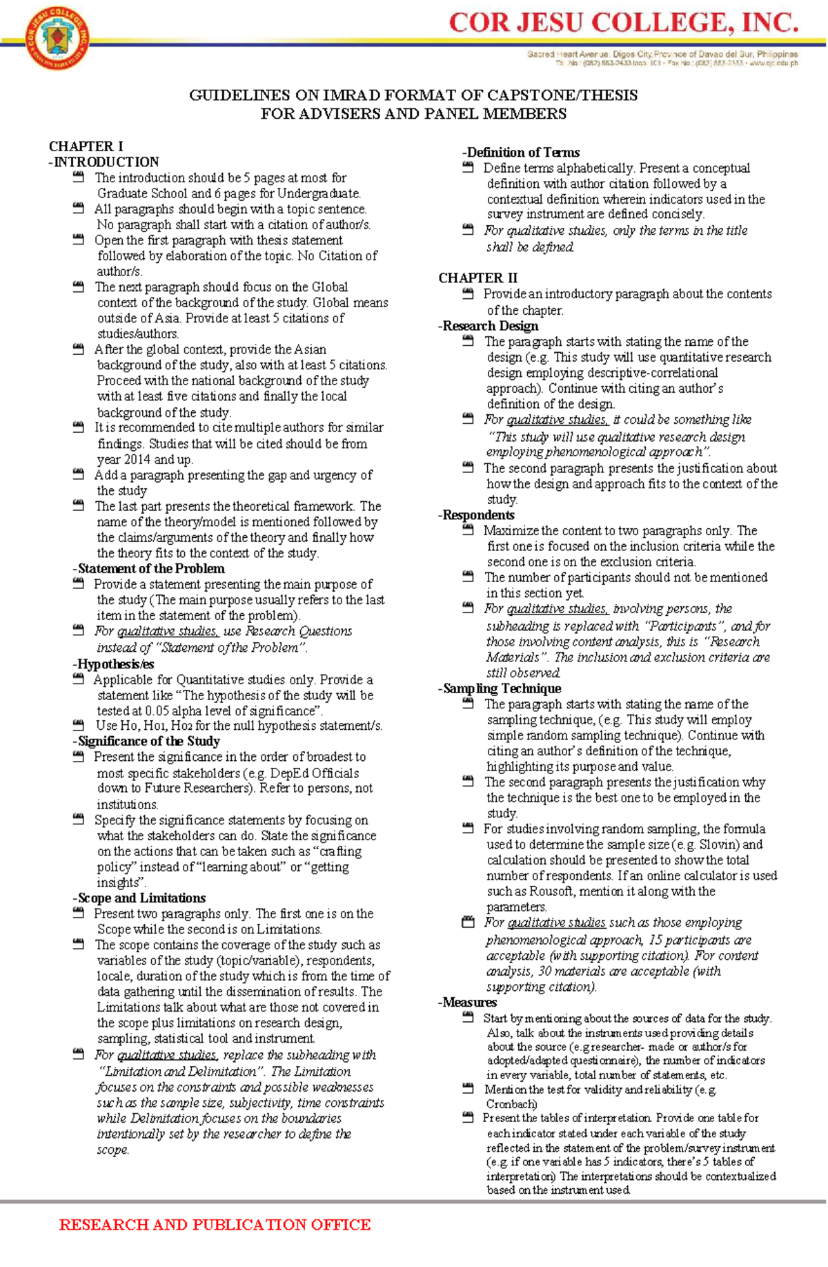 Guidelines on IMRaD Format for Capstone Thesis Advisers and Panel ...