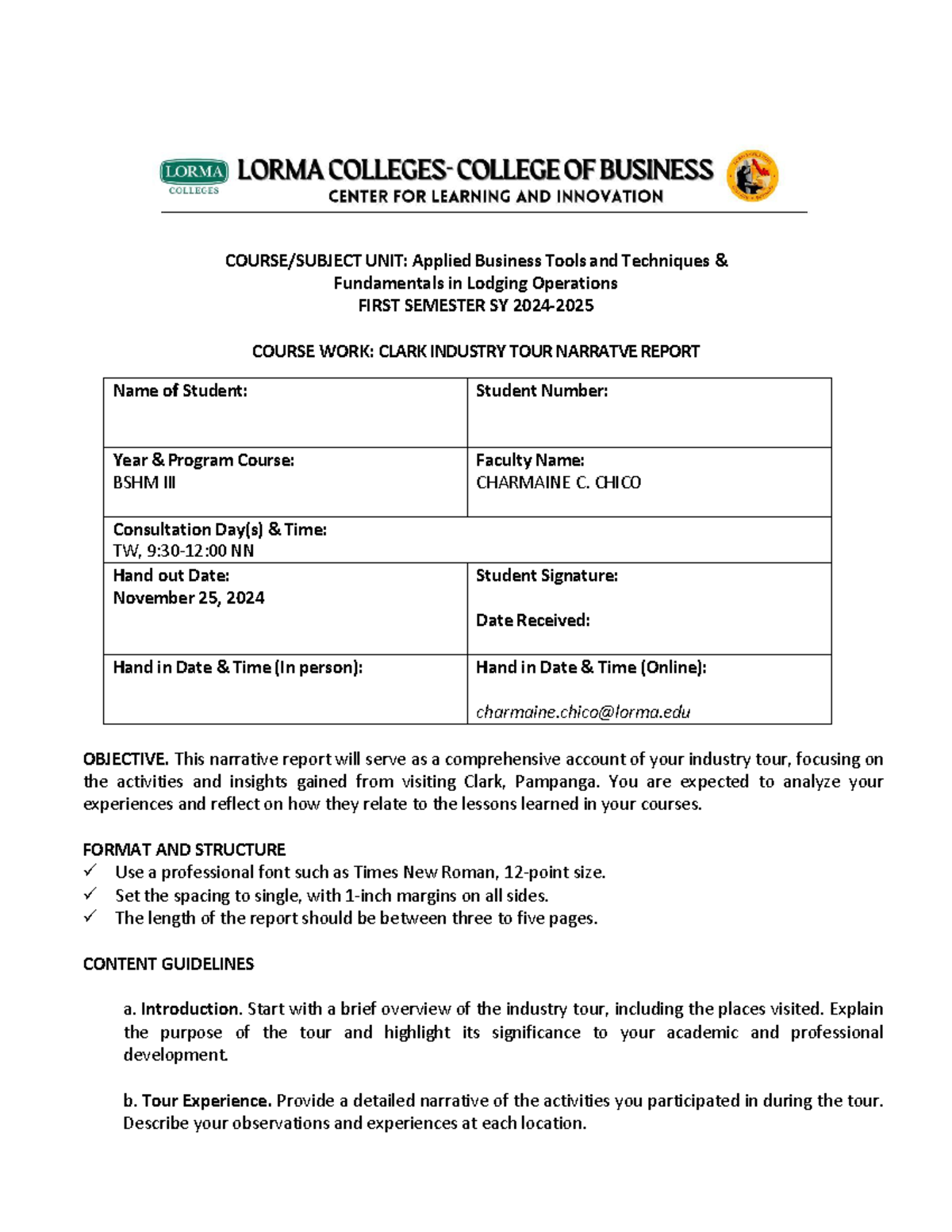 Coursework - BSHM III Industry Tour Narrative Report (1st Sem SY 2024 ...