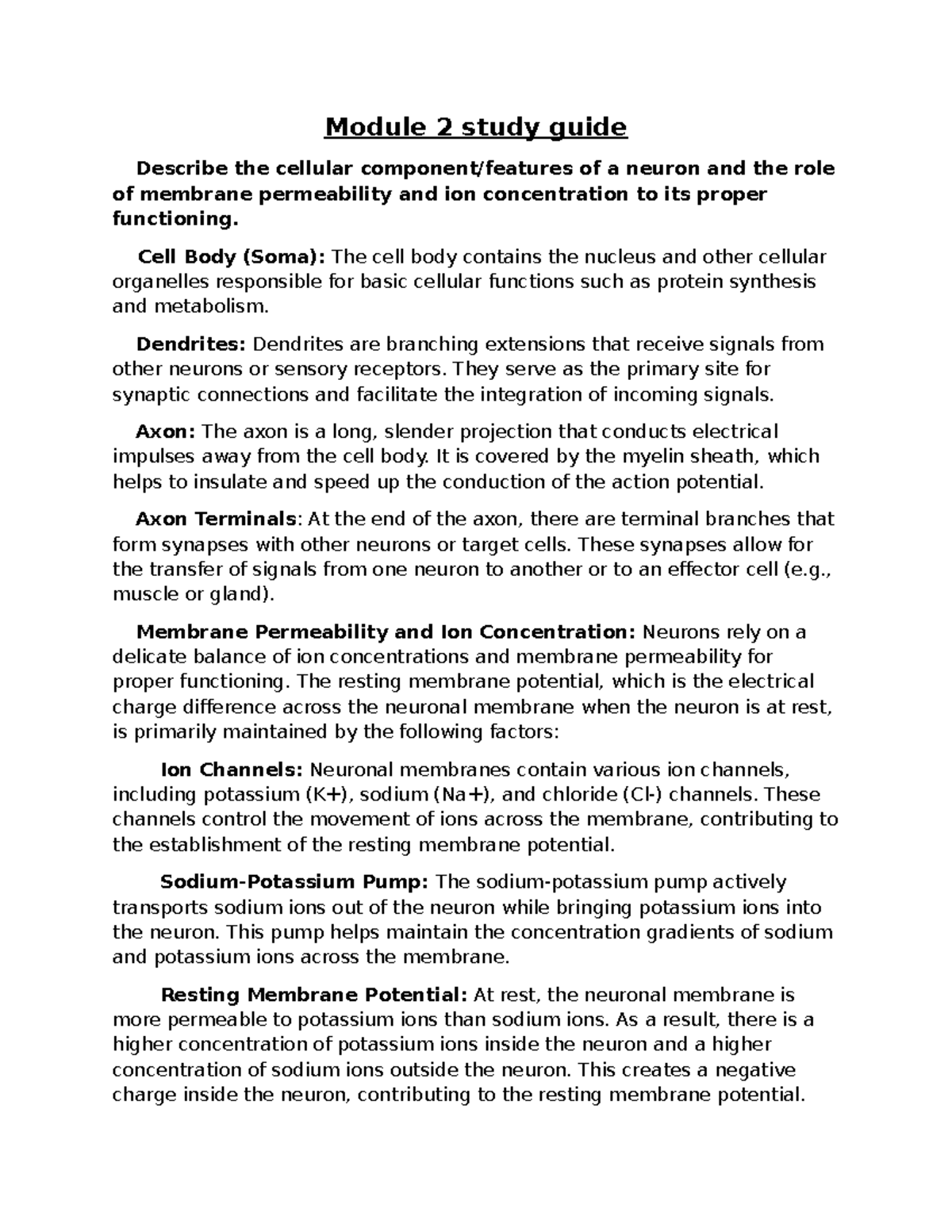 Module 2 Study Guide: Neuron Structure & Membrane Functionality - Studocu